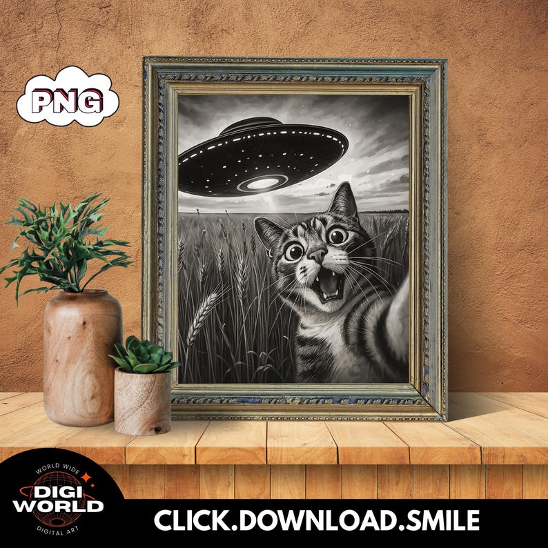 Cat UFO Alien Selfie PNG | Funny Meme Digital Download | Retro Space ...