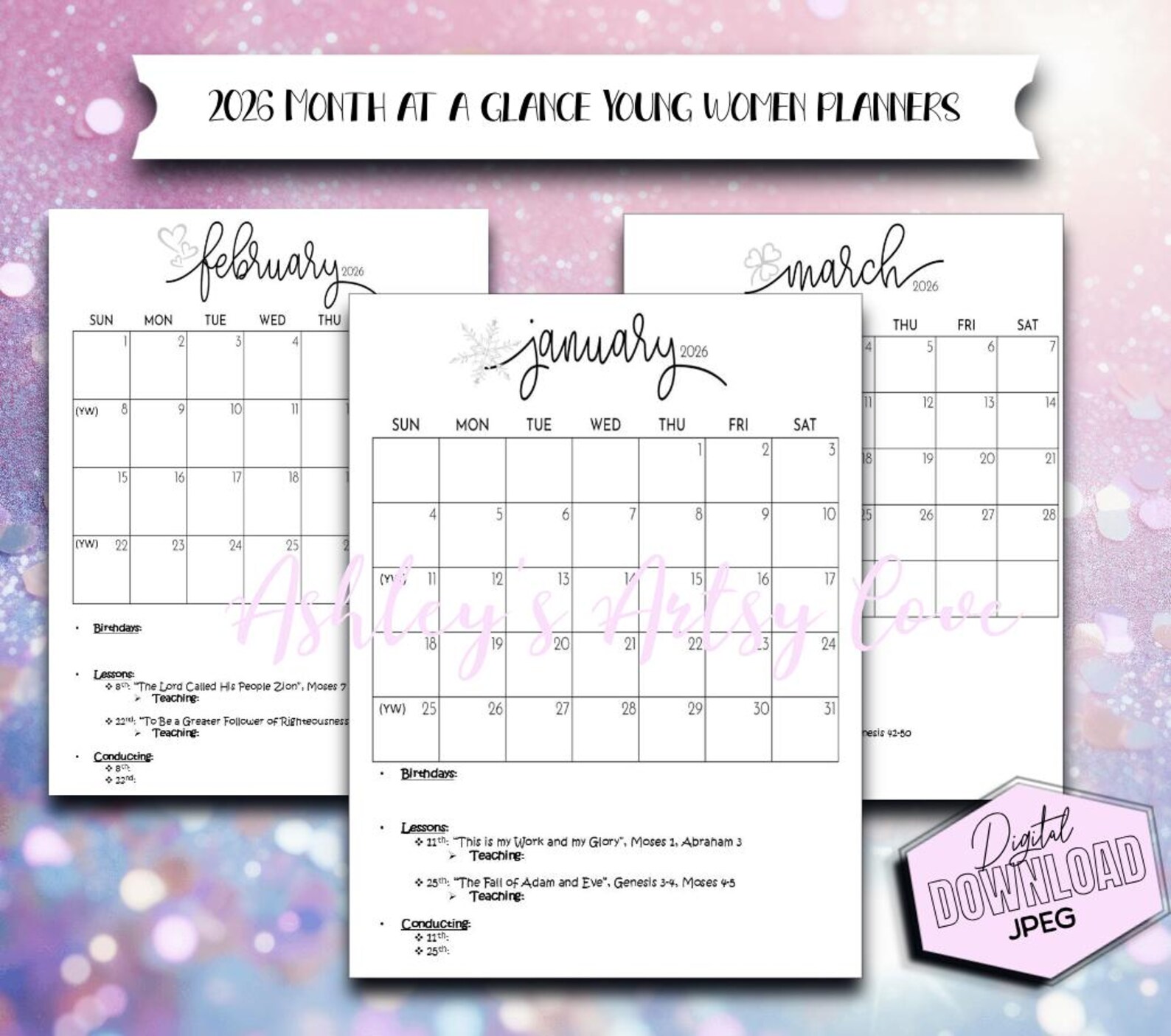 2026 Young Women Binder Month at a Glance Calendars Download, Walk With ...