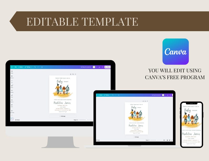 Editable Thank You Card Wizard of Oz Baby Shower, No Place Like Invite ...