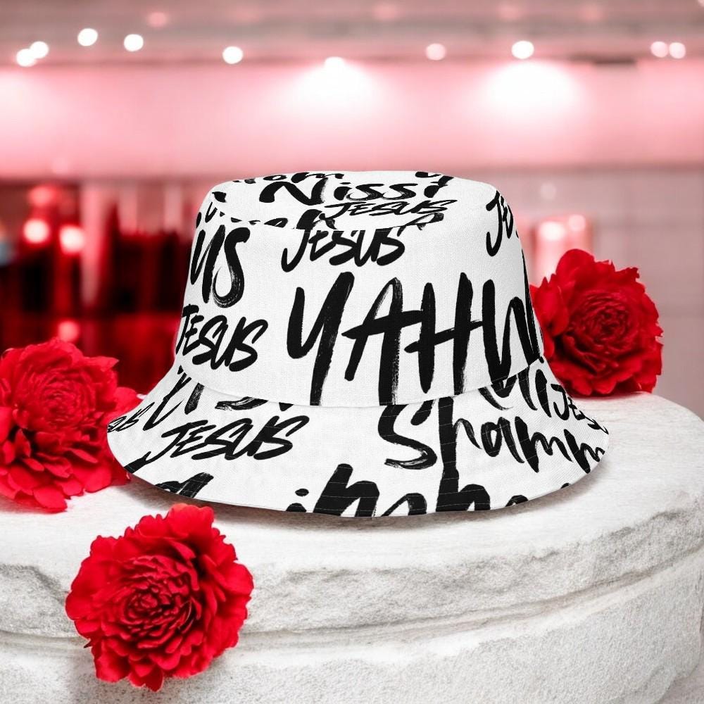 JESUS Names Reversible Bucket Hat - White With Black Letters - Faith ...