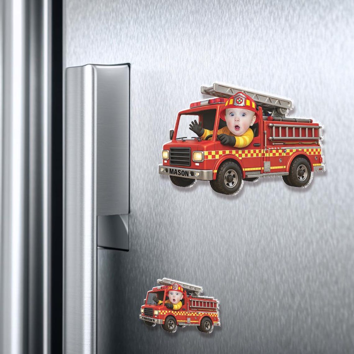 Custom Kid Photo Firefighter Fridge Magnet Personalized Fire Truck ...