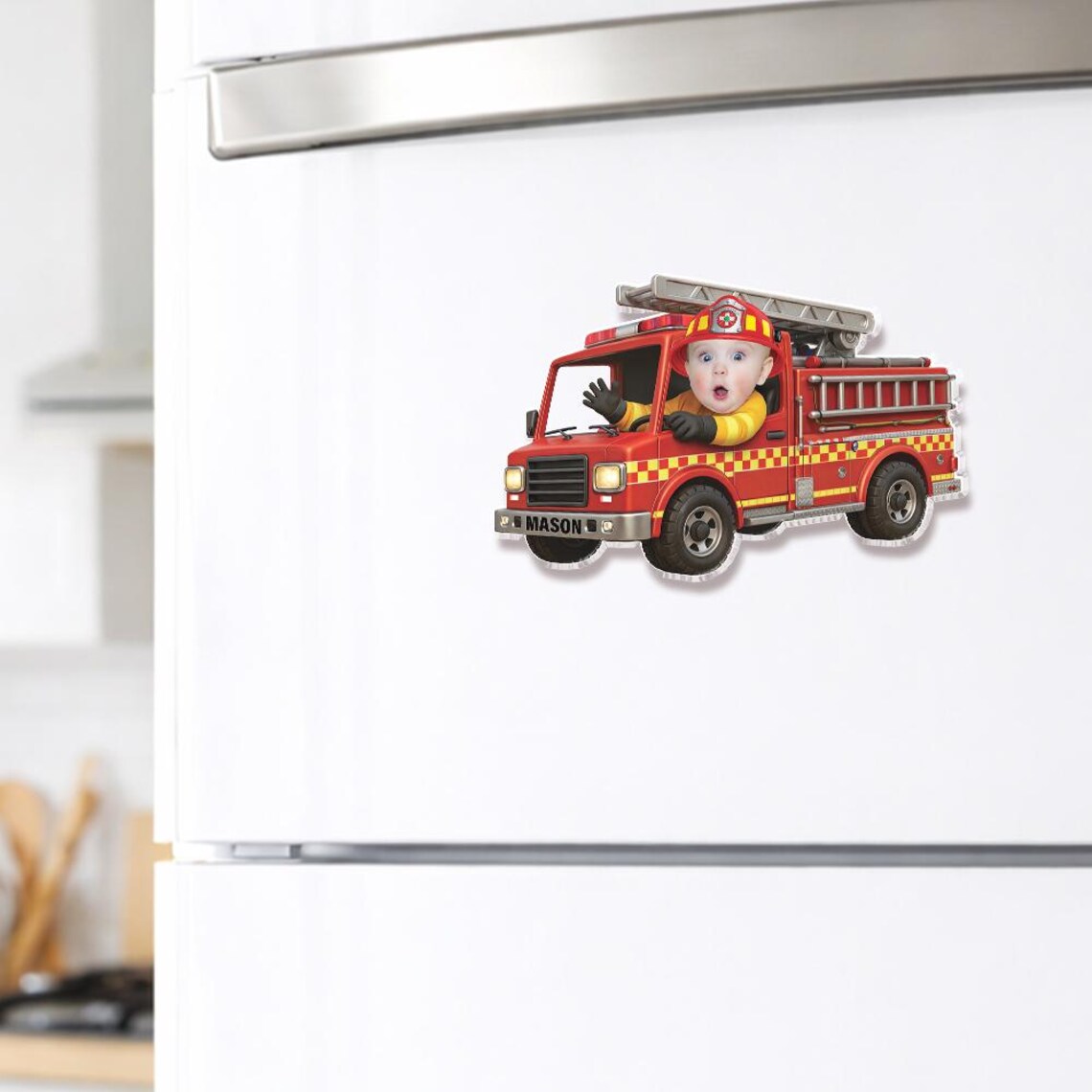 Custom Kid Photo Firefighter Fridge Magnet Personalized Fire Truck ...