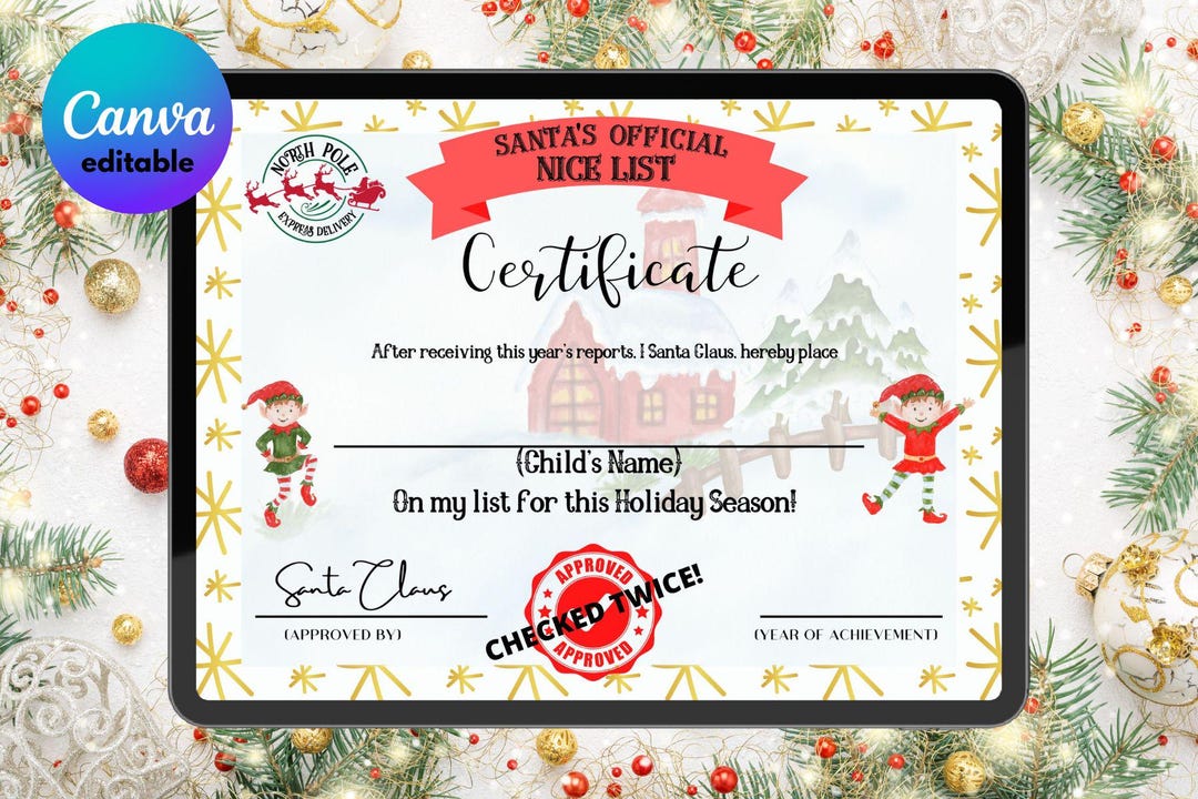 Editable Santa’s Official Nice List Certificate Canva Template ...