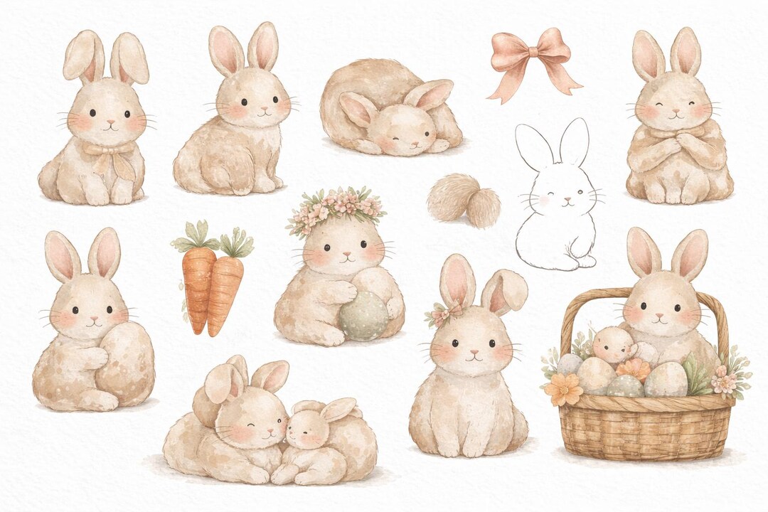 Neutral Boho Easter Bunny Clipart Bundle - Etsy