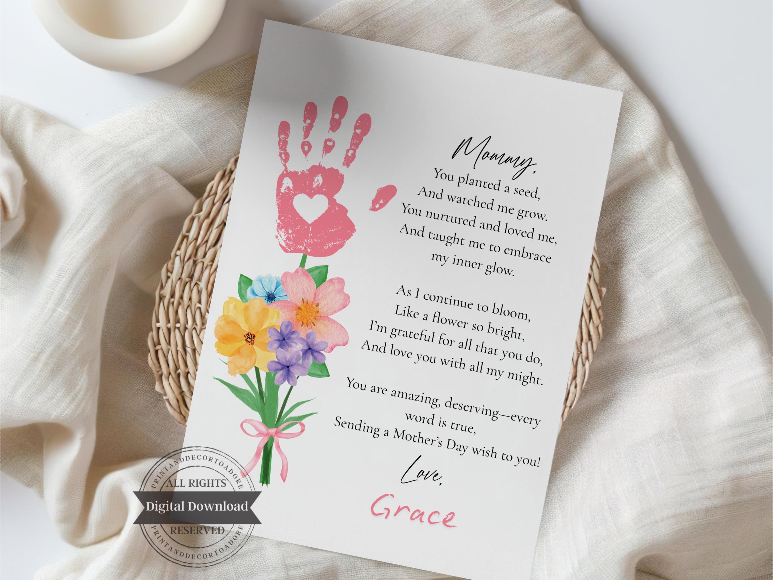 Mothers Day Handprint Flower Printable, Cards for Moms, Mother's Day ...