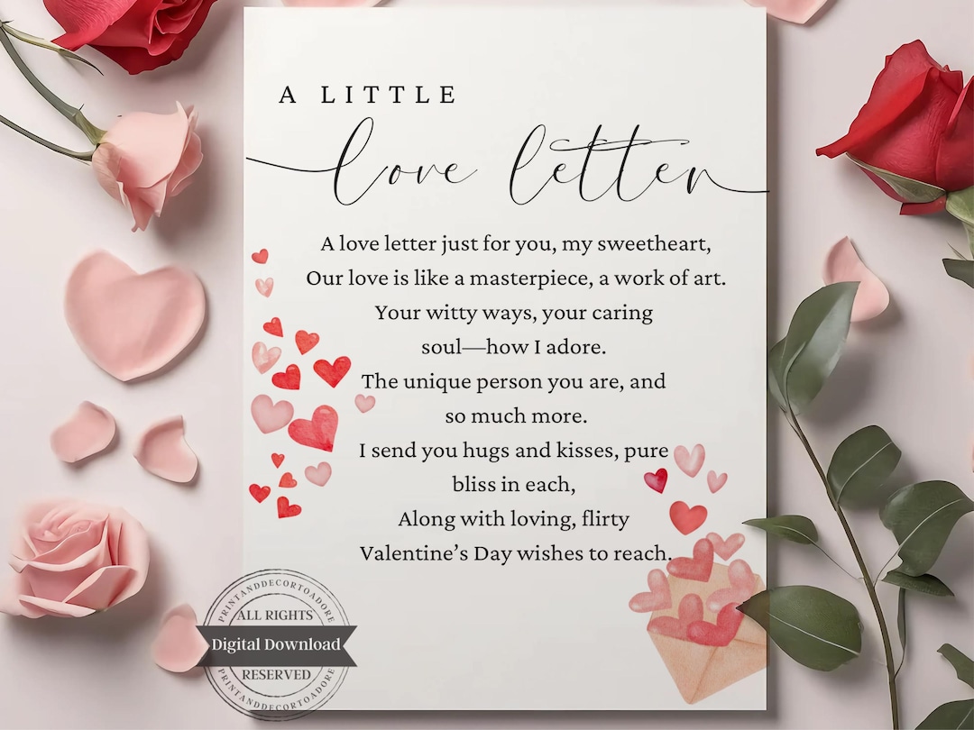 Valentines Day Love Note, Printable Letter Poem for Valentine's Day ...