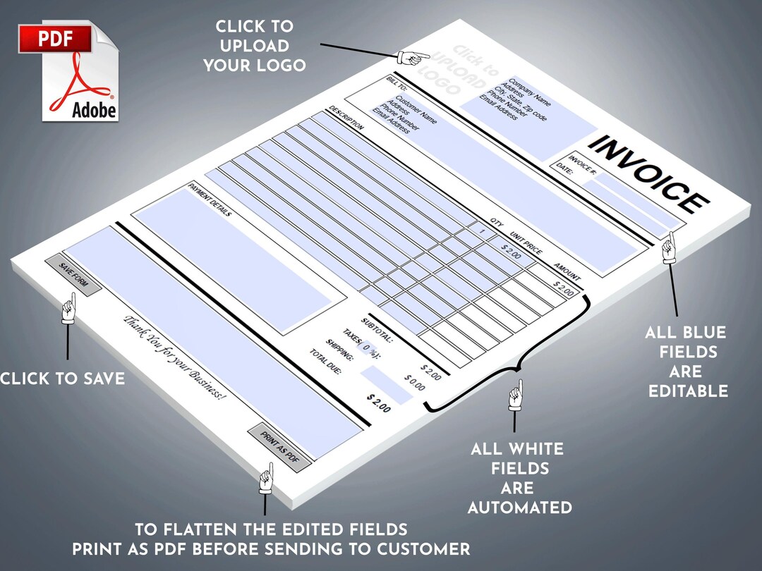 Editable Invoice Template PDF - Fillable Invoice PDF Template - Blank ...
