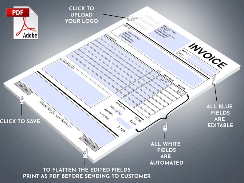 Editable Invoice Template PDF - Fillable Invoice PDF Template - Blank ...
