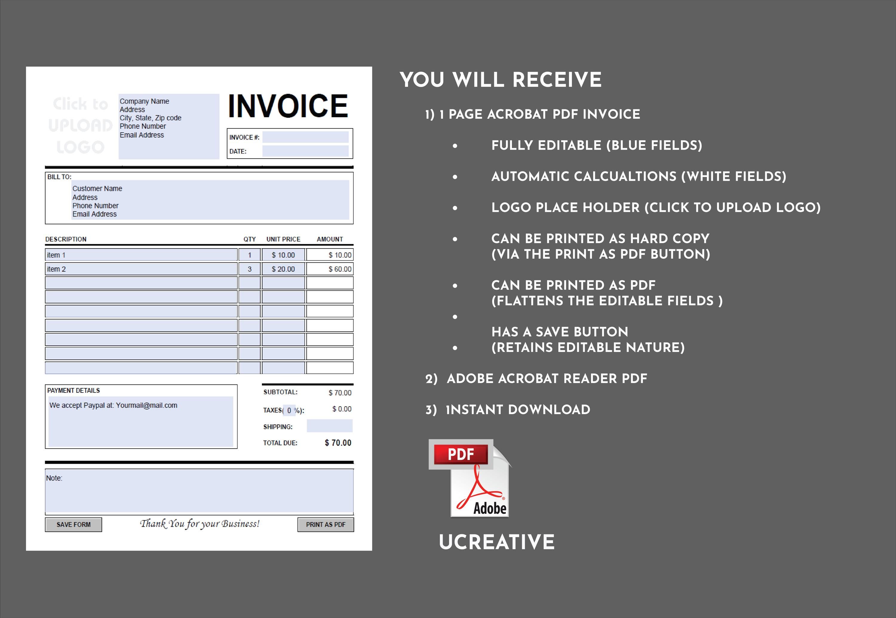 Editable Invoice Template PDF - Fillable Invoice PDF Template - Blank ...