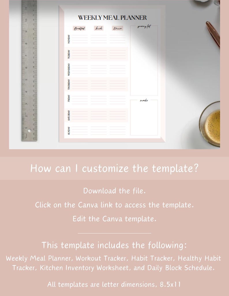 Meal Plan, Meal Planner Bundle, Habit Tracker, Printable, Canva ...