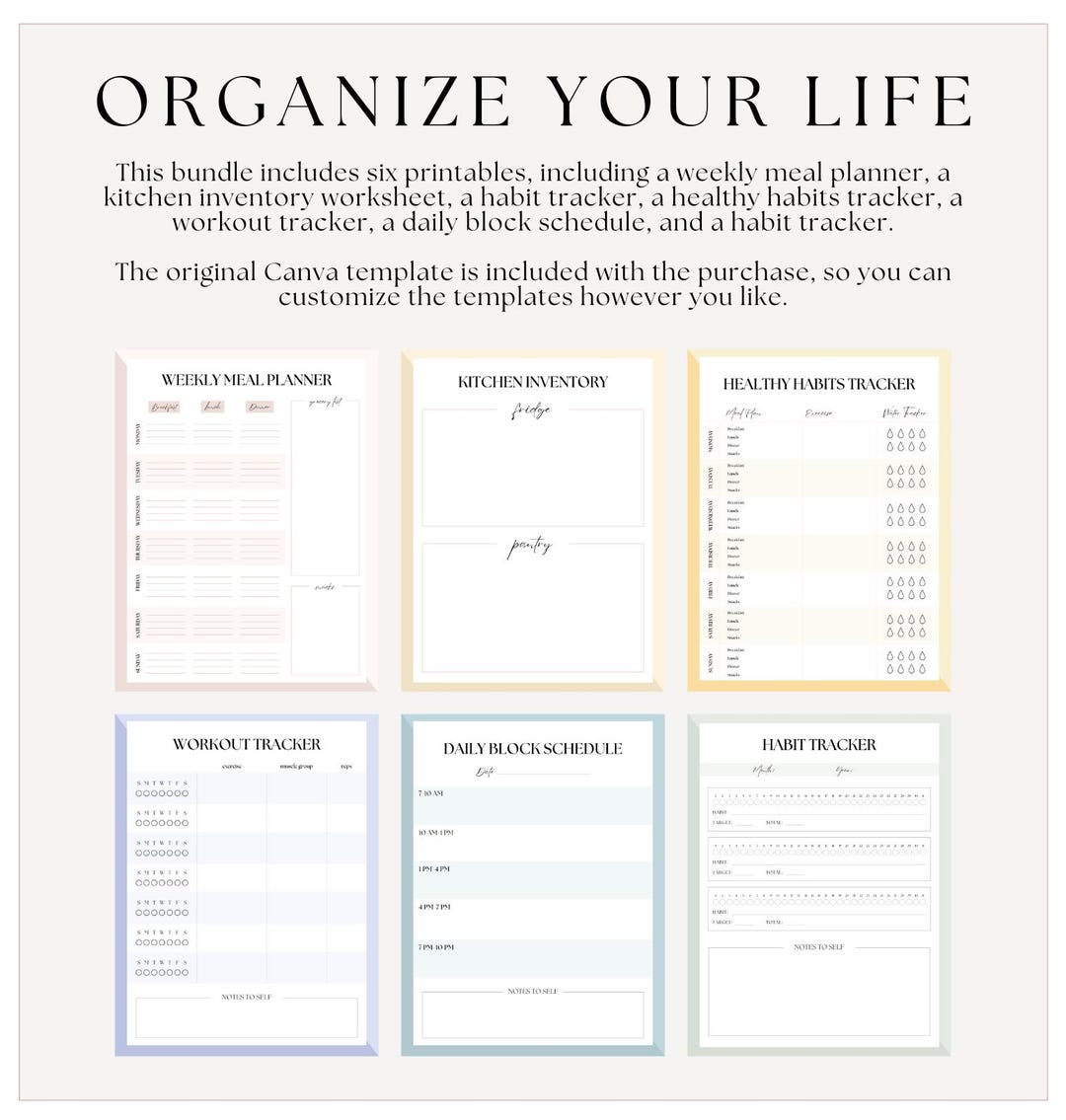 Meal Plan, Meal Planner Bundle, Habit Tracker, Printable, Canva ...
