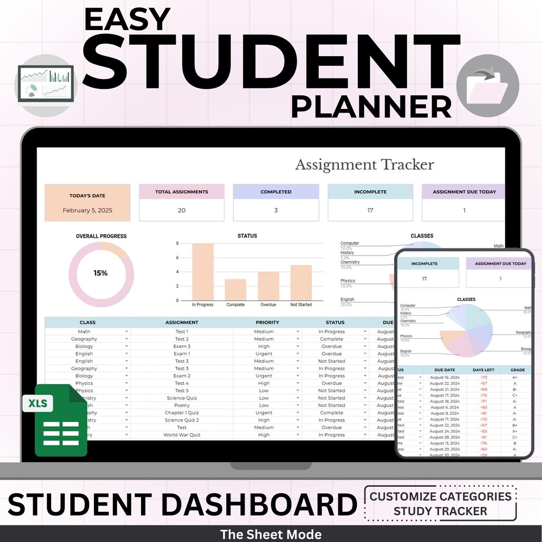 Student Assignment Tracker | Digital Study Planner | Excel & Google ...