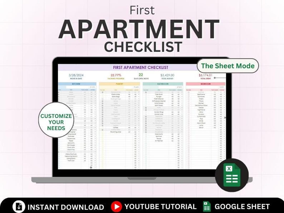 First Apartment Checklist | Moving Essentials Spreadsheet | Budget ...