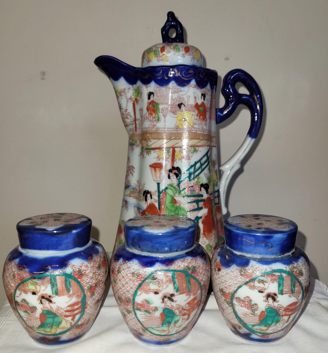 Hand Painted Japanese Geisha Porcelain Chocolate Pot Set With 3 ...