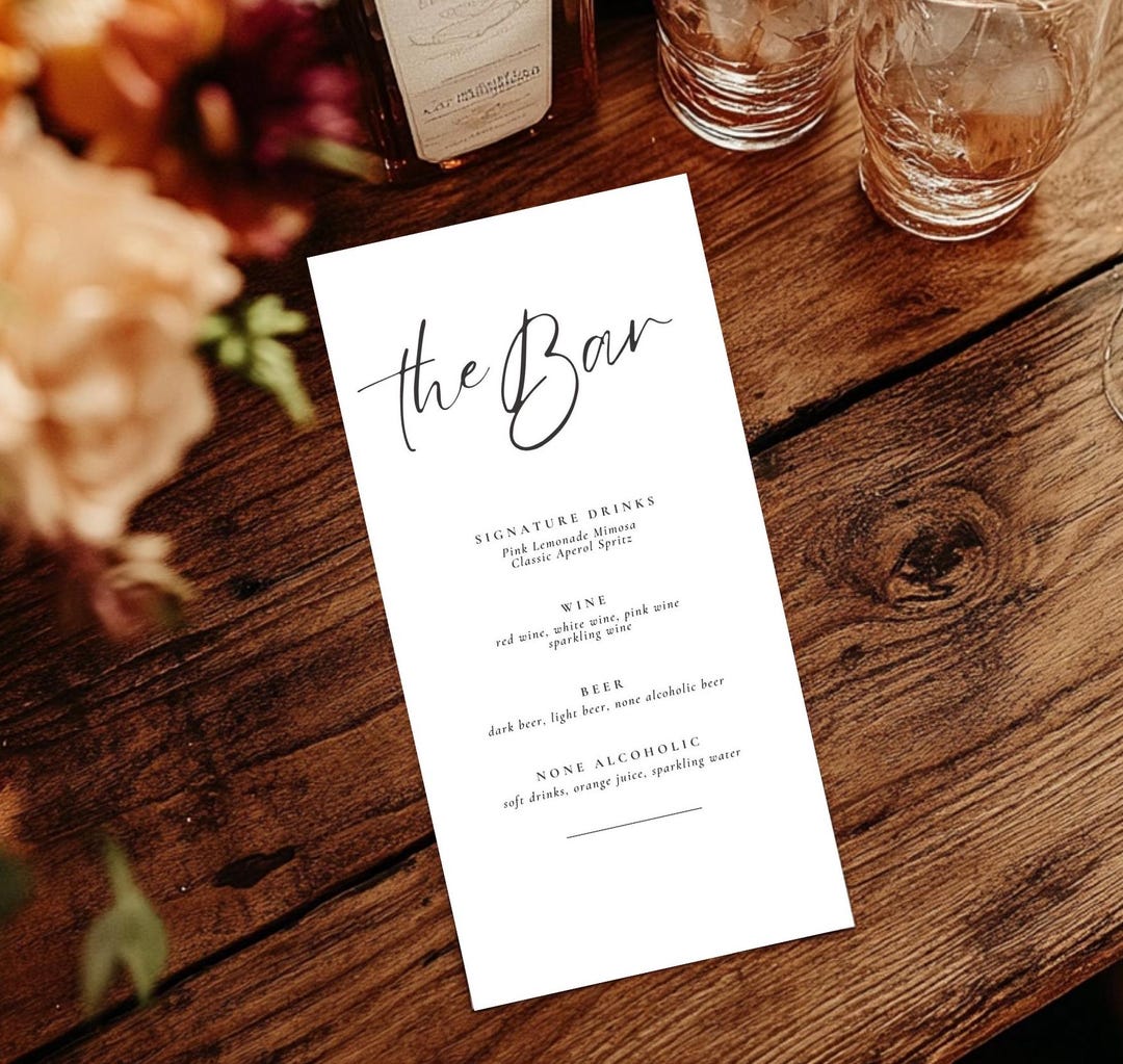 Elegant Wedding Bar Menu, Printable Wedding Bar Menu Template, the Bar ...