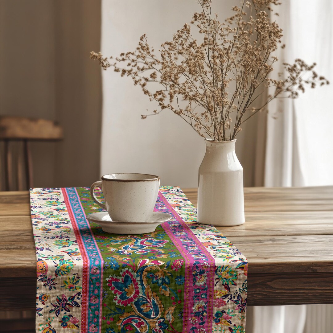 Boho Ethnic Table Runner, Floral Embroidered Cotton Runner, Colorful ...