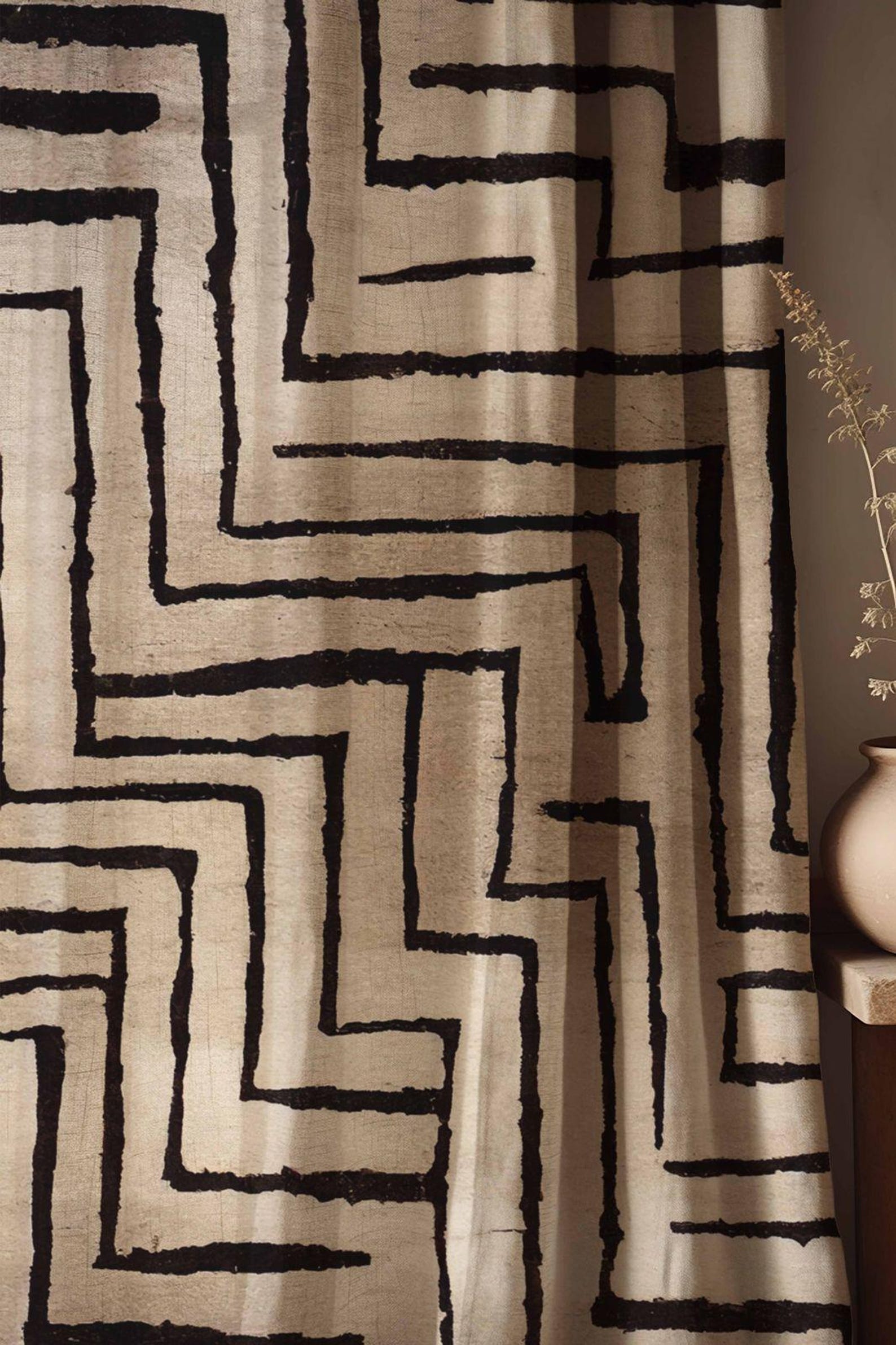 Tribal Maze Linen Curtains - Bold Black & Beige Geometric Pattern ...