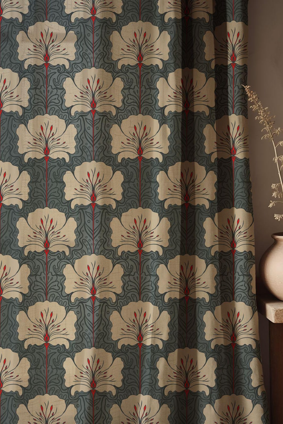 Art Nouveau Floral Linen Curtains: Blue Beige Botanical Drapes - Etsy