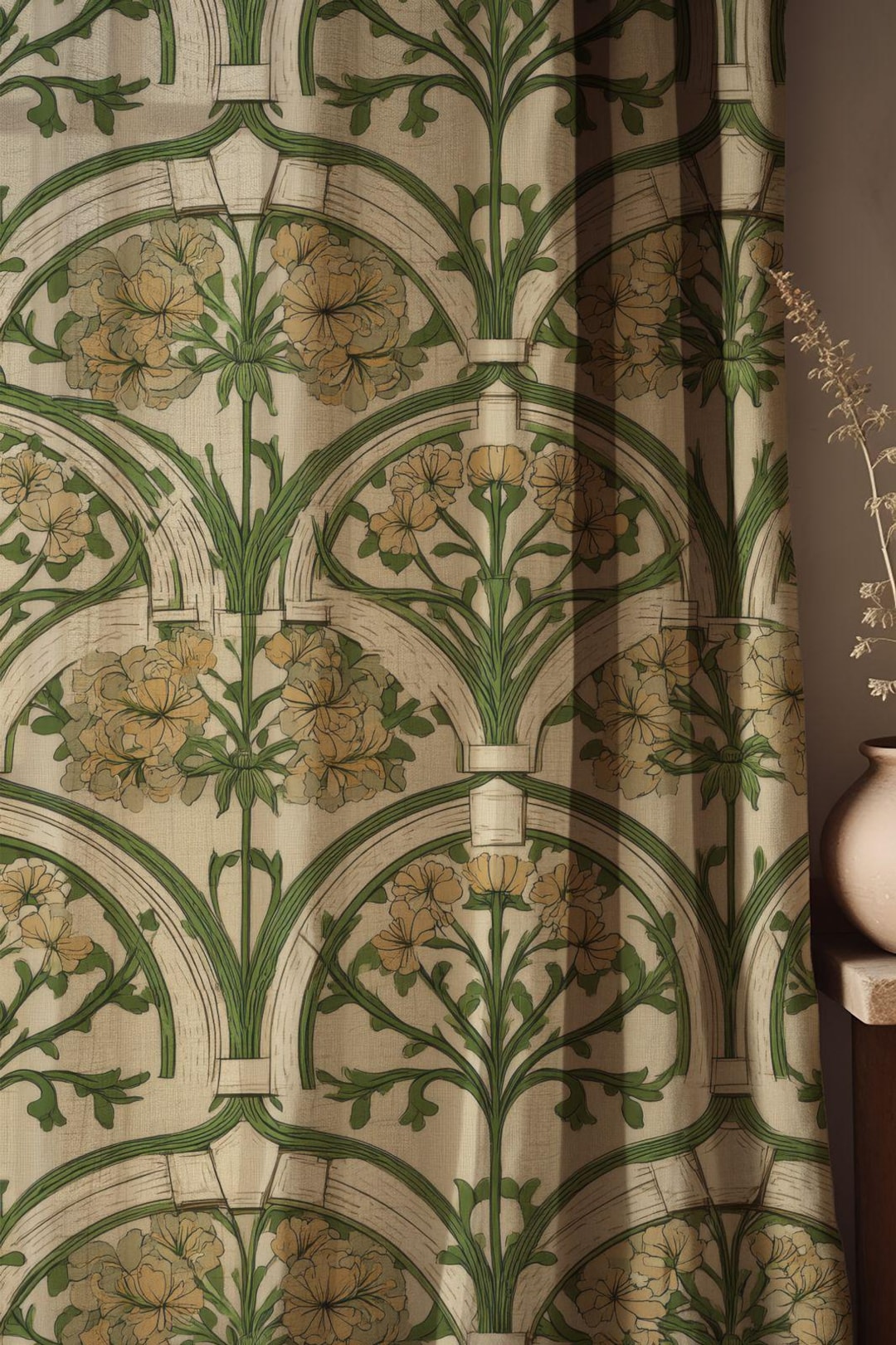 Art Nouveau Floral Linen Curtain: Green Botanical Arch Print - Etsy