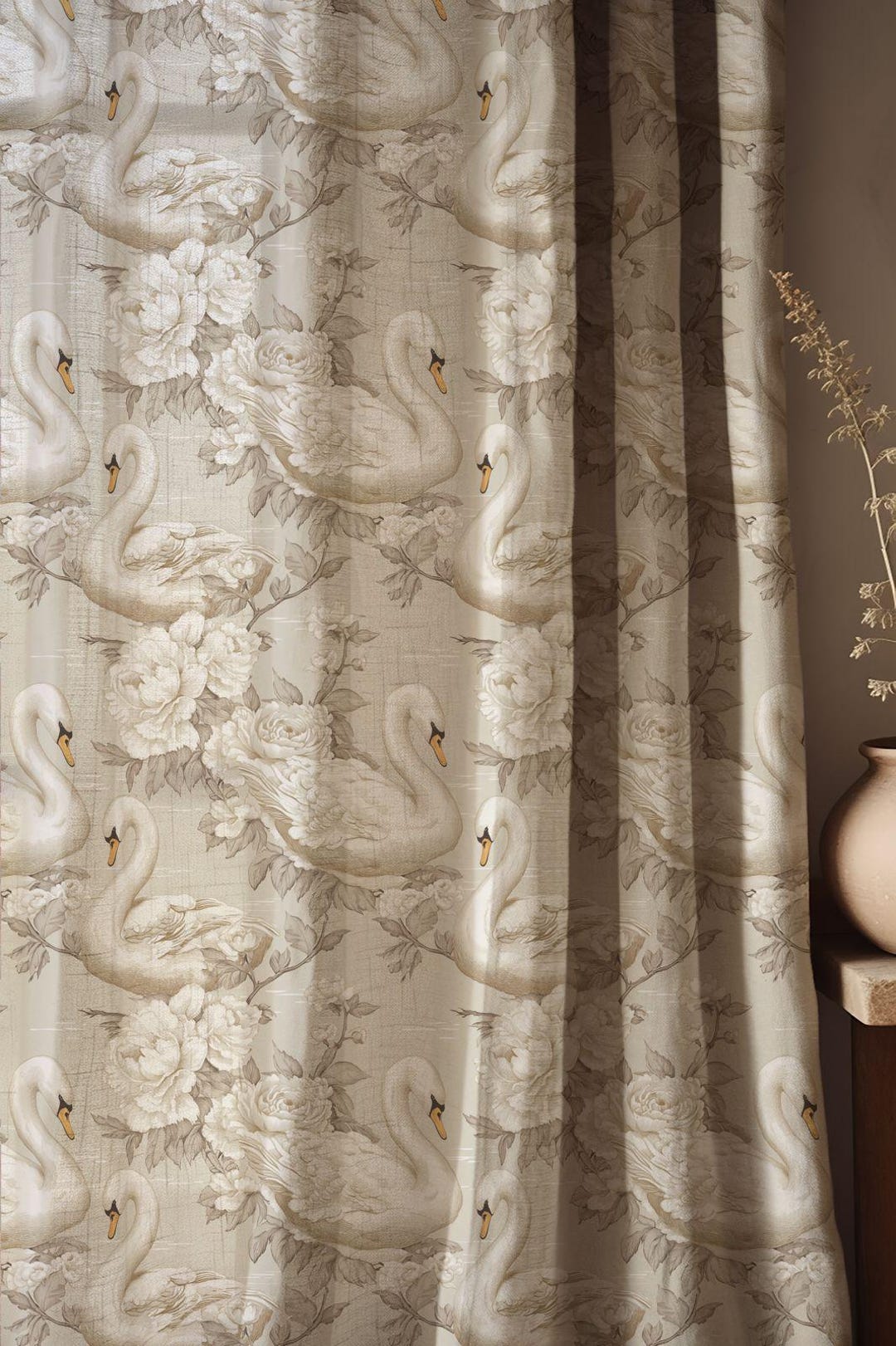Elegant Swan Linen Curtains: Monochromatic Floral Style, Vintage Peony ...