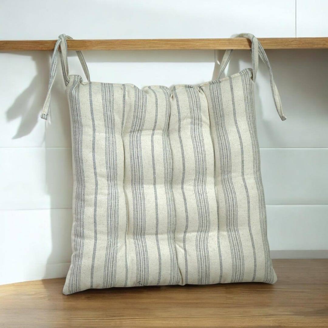 Striped Cotton Linen Chair Cushion With Ties: Farmhouse Seat Pad - Etsy
