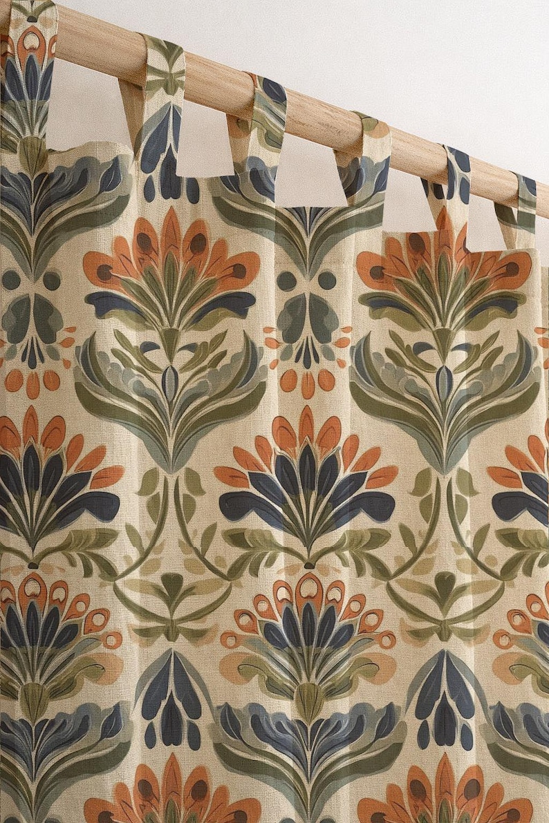 Art Nouveau Damask Linen Curtain, Teal Rust Orange Print Drapes ...