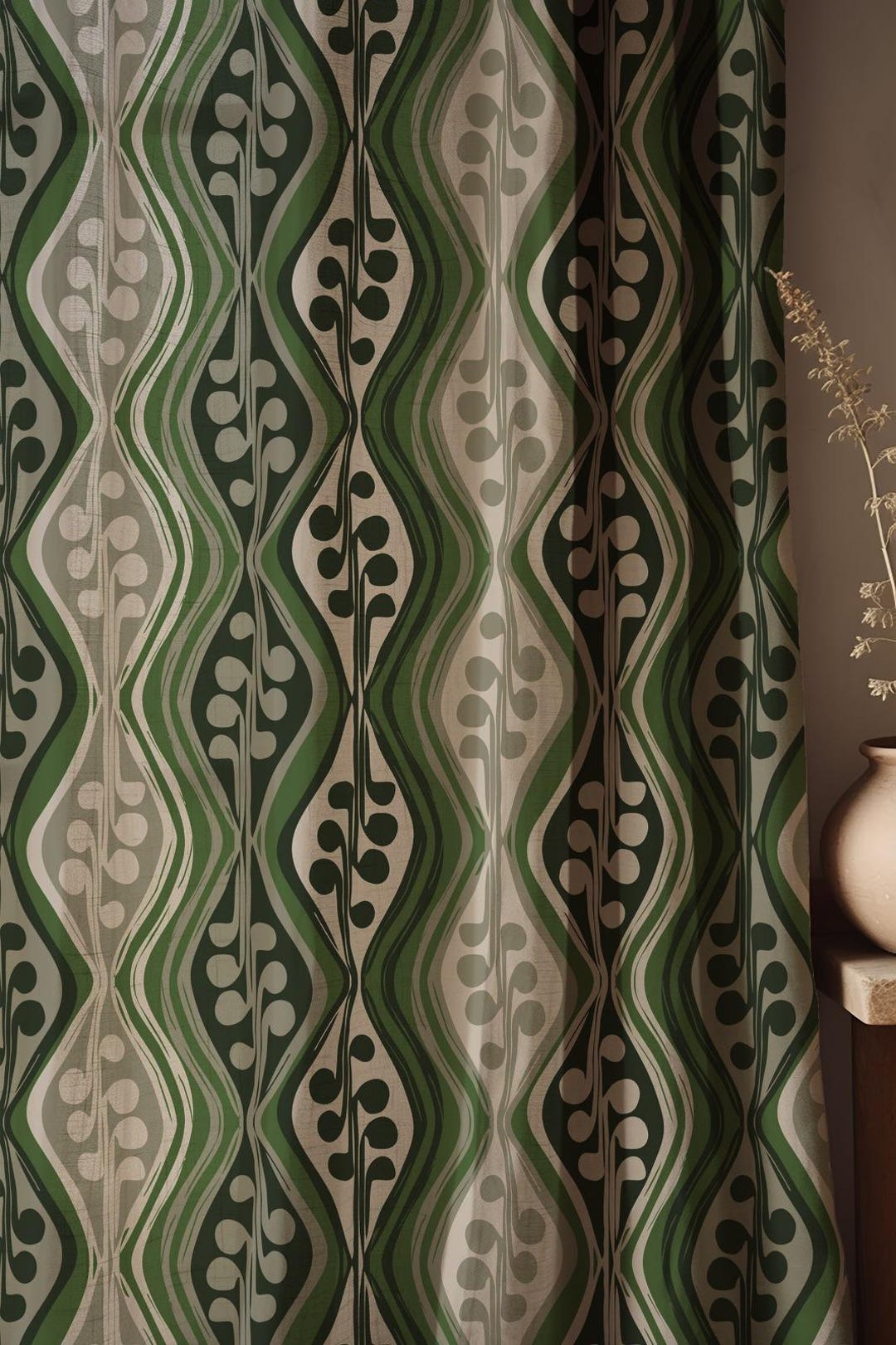 Retro Green Leaf Print Linen Curtain – Mid Century Modern Linen Curtain ...