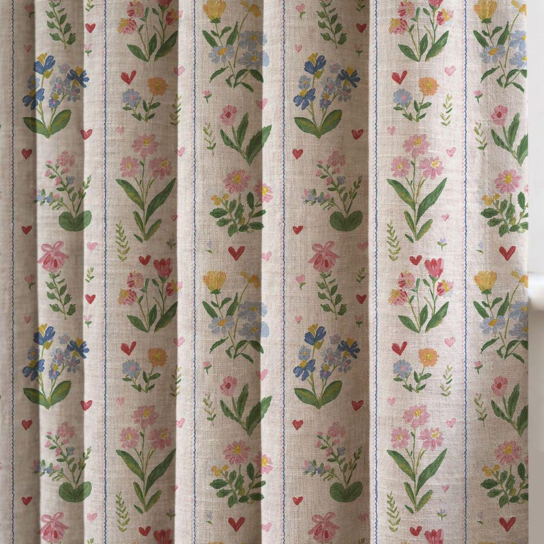 Watercolor Floral Linen Curtain, Vintage Vertical Stripe Print Drapes ...