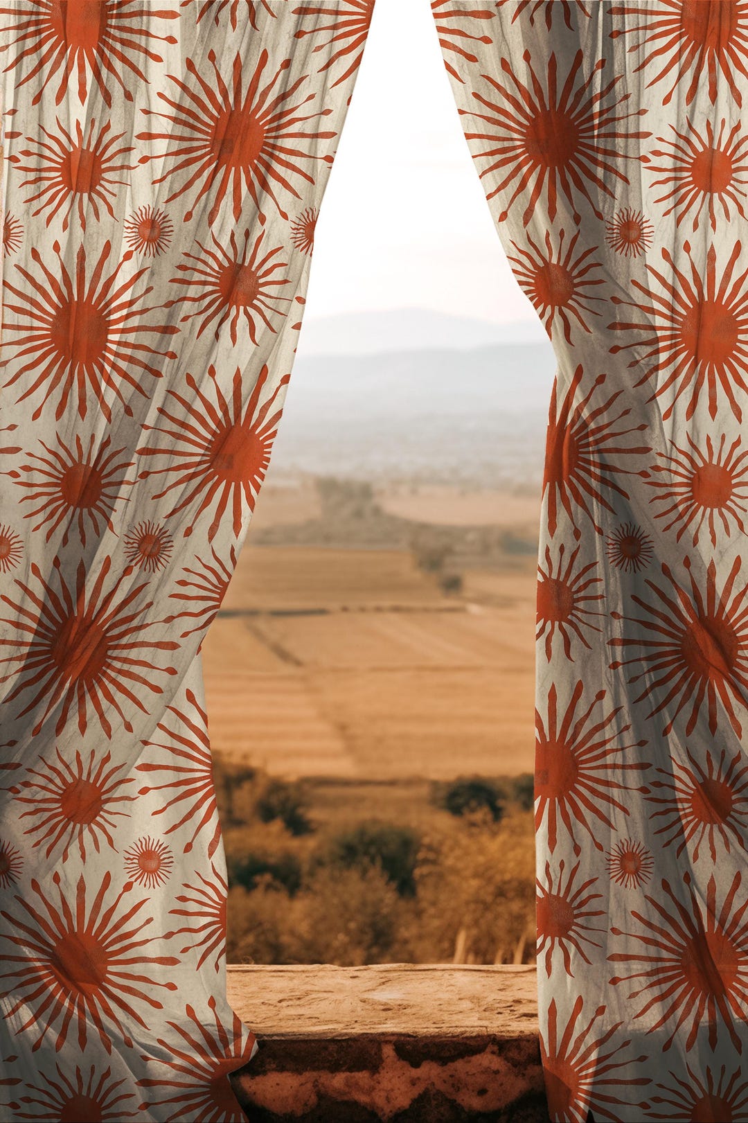 Burnt Orange Sun Print Curtain – Semi Sheer Panel – Boho Window ...