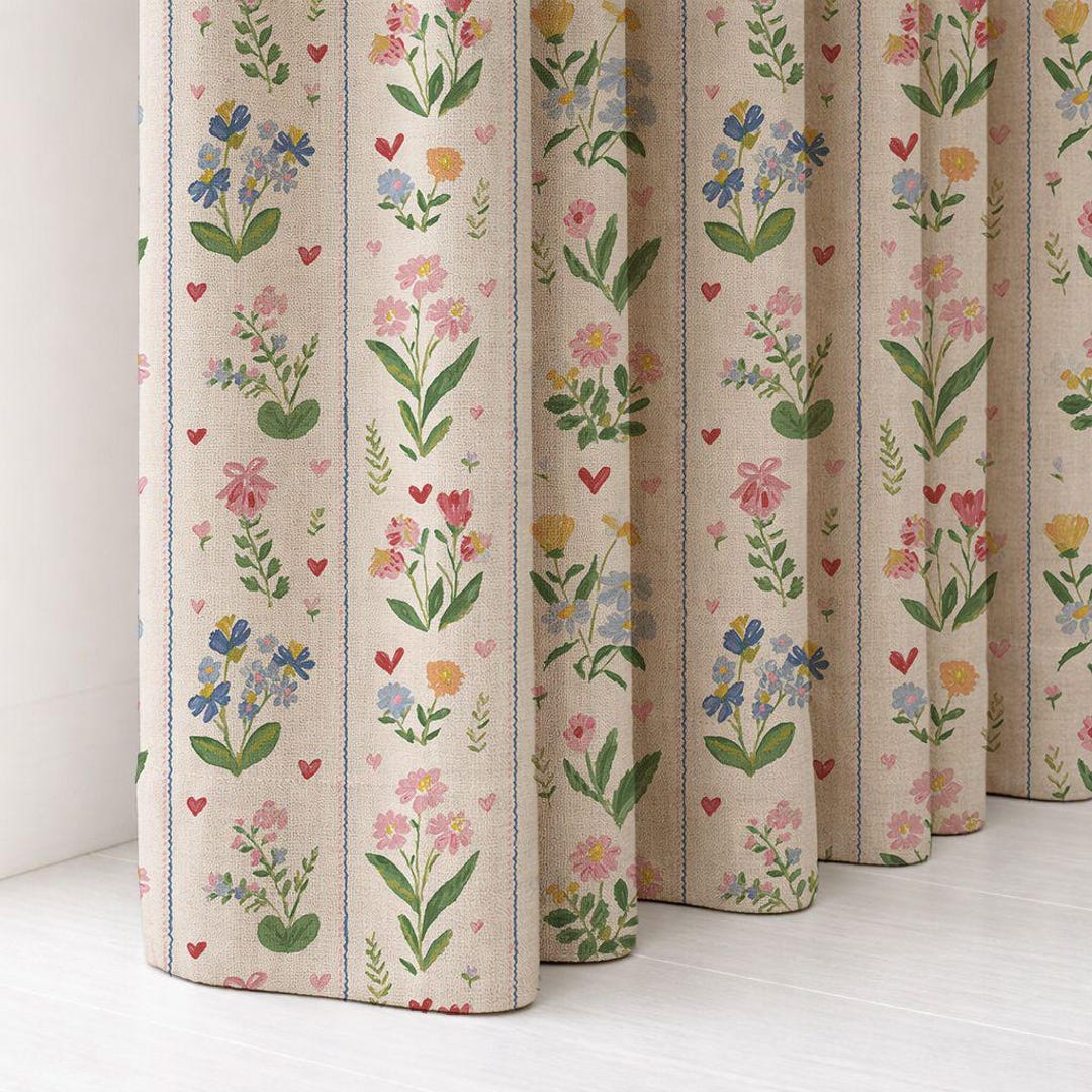Watercolor Floral Linen Curtain, Vintage Vertical Stripe Print Drapes ...