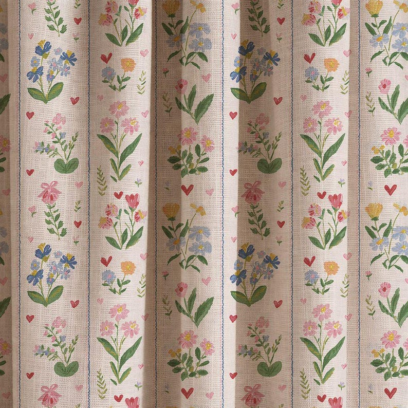 Watercolor Floral Linen Curtain, Vintage Vertical Stripe Print Drapes ...