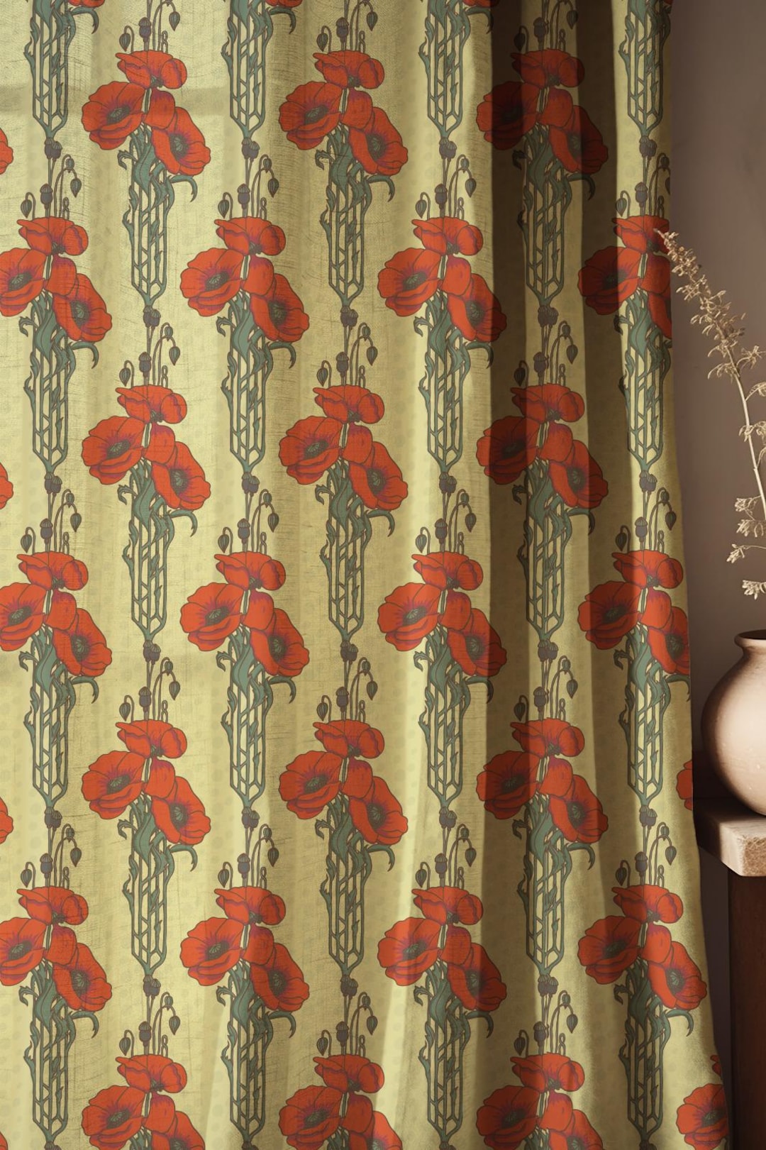 Art Nouveau Poppy Linen Curtain: Red Floral Botanical Drapes - Etsy