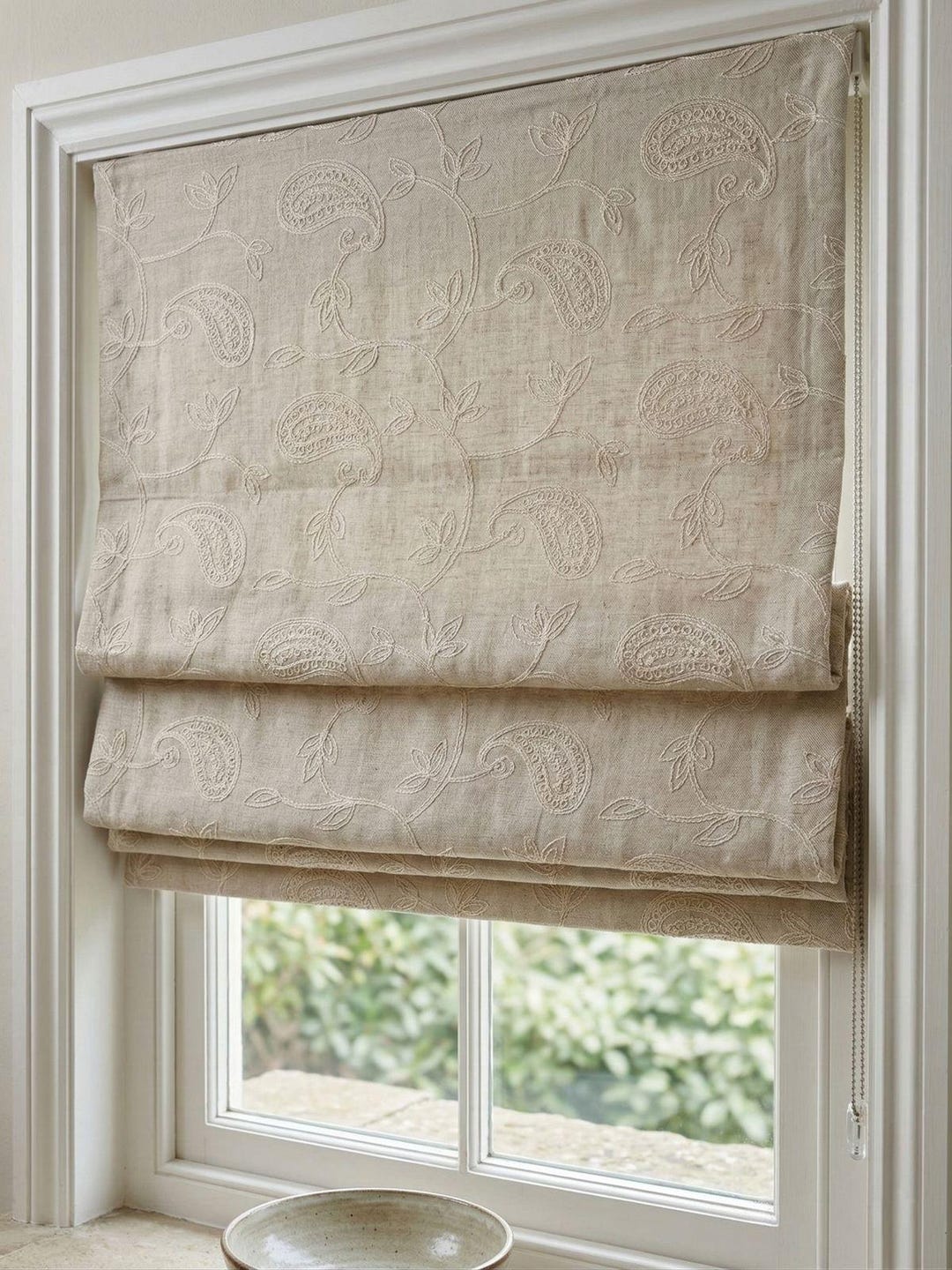 Embroidered Roman Shade, Neutral Beige Paisley Linen Look Roman Blind ...