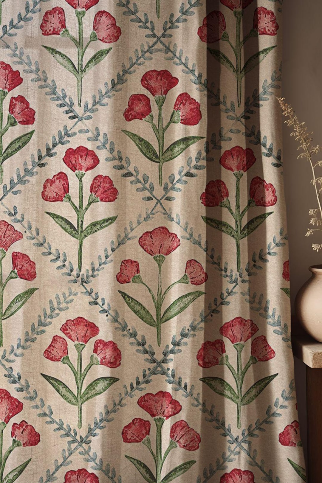 Floral Linen Curtain: Rustic Red & Green Botanical Print - Etsy