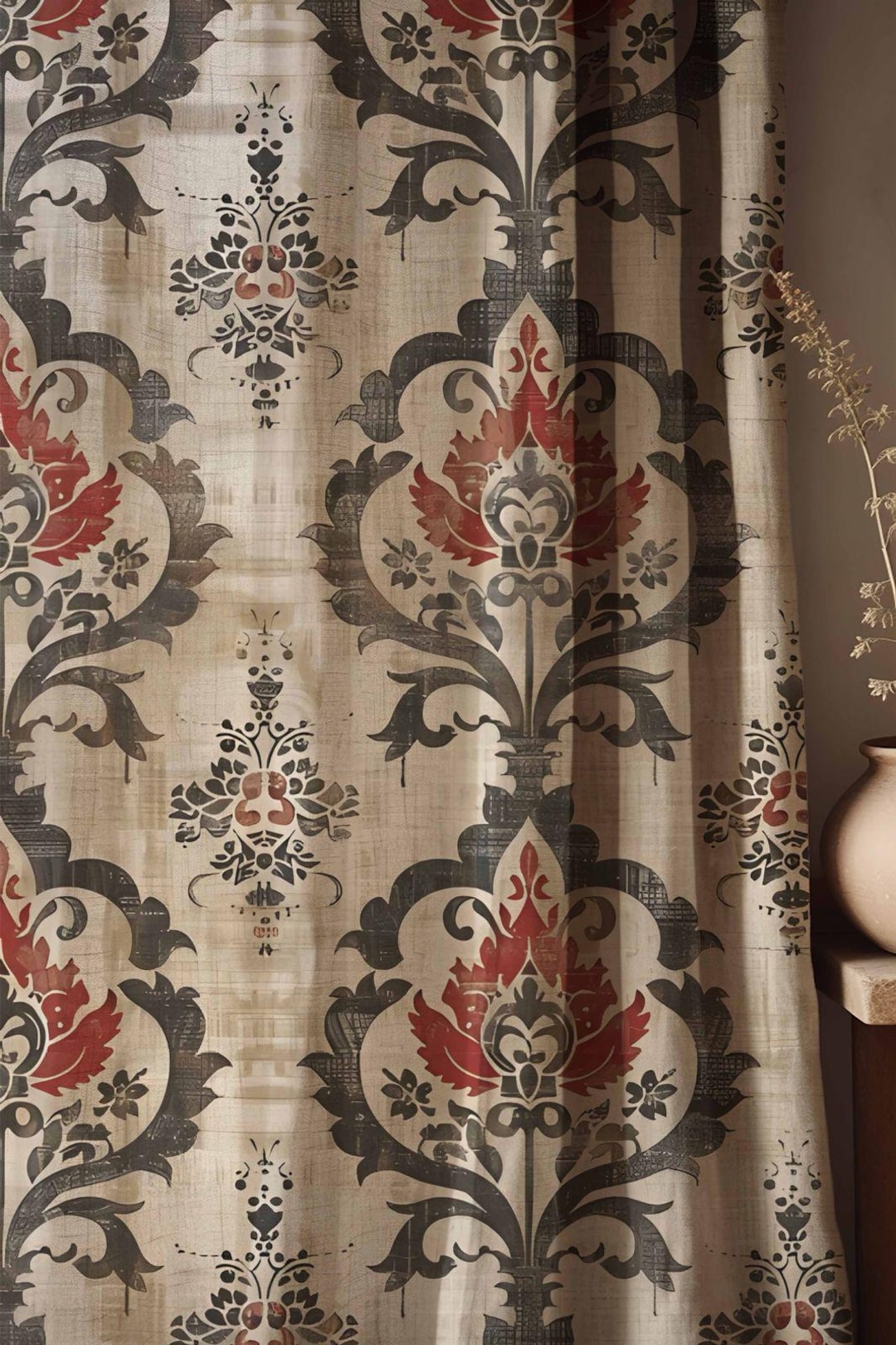 Vintage Damask Linen Curtains - Rustic Red & Black Floral Drapes - Boho ...