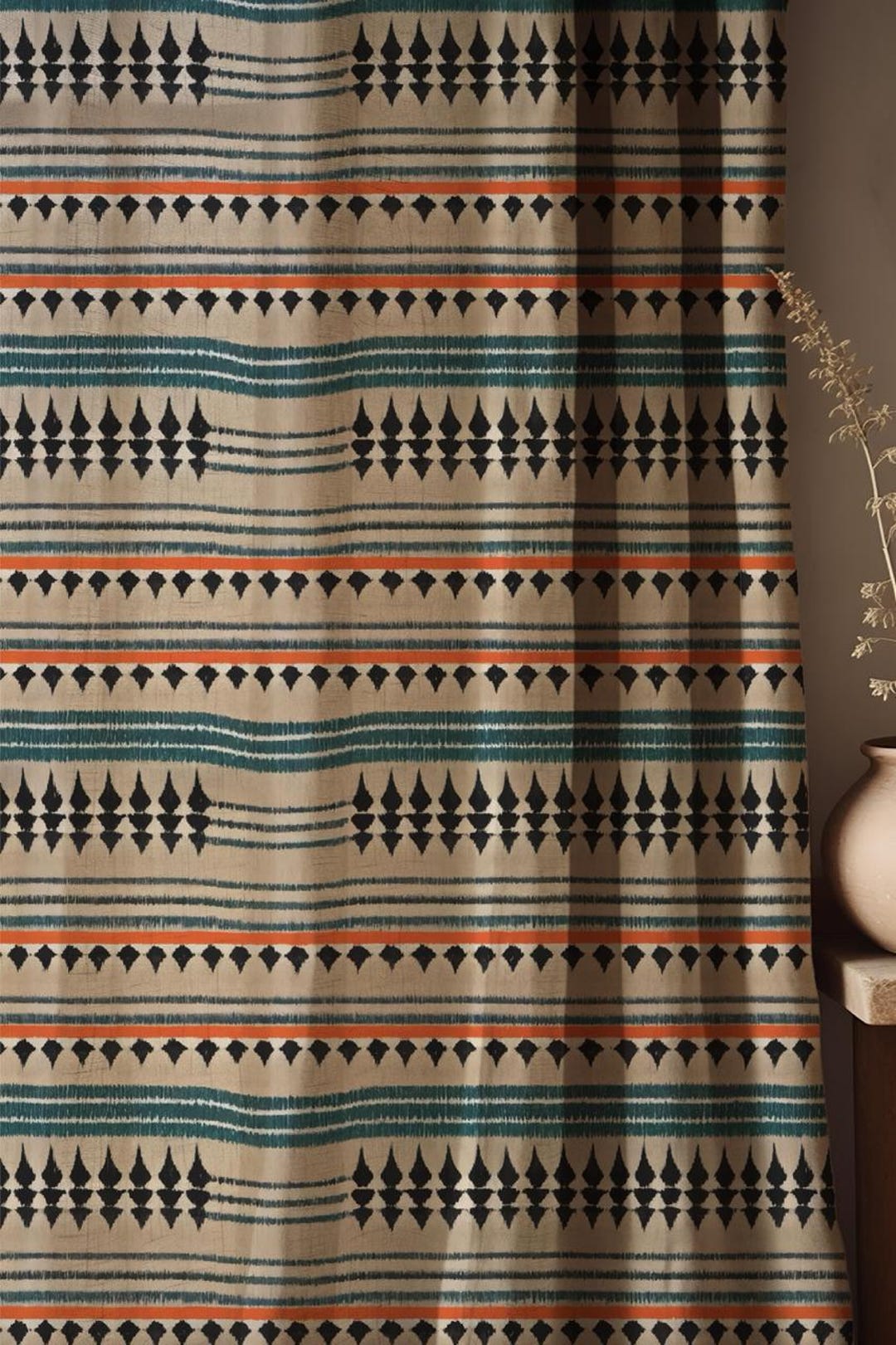 Tribal Stripe Linen Curtain: Boho Geometric Teal & Black Drapery - Etsy UK