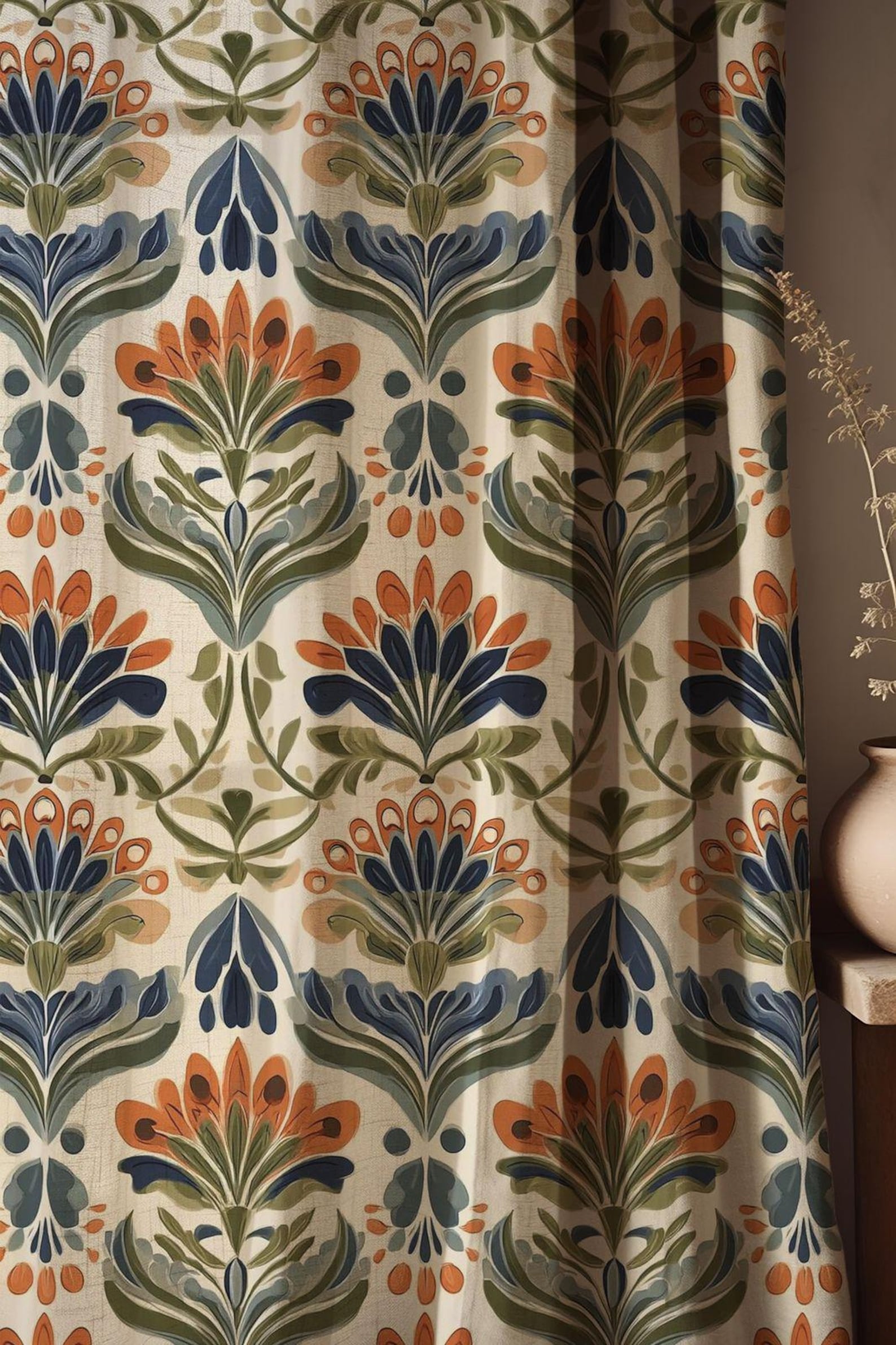 Art Nouveau Damask Linen Curtain, Teal Rust Orange Print Drapes ...