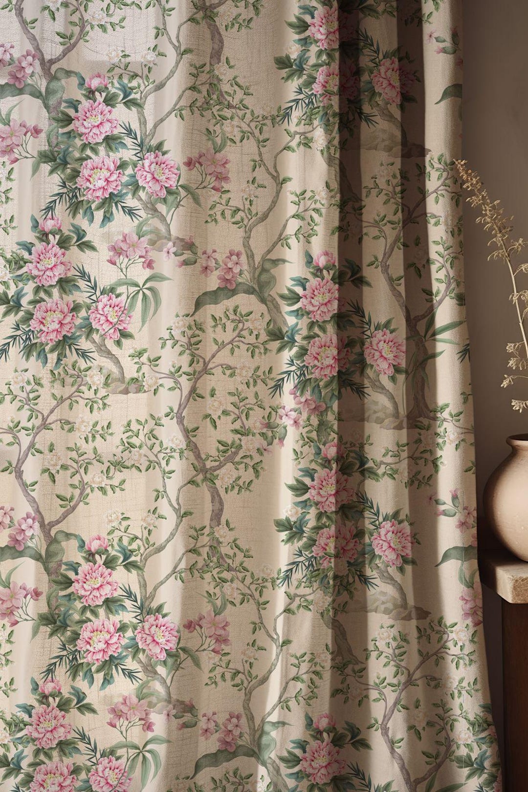Chinoiserie Peony Tree Linen Curtain, Oriental Floral Design Window ...