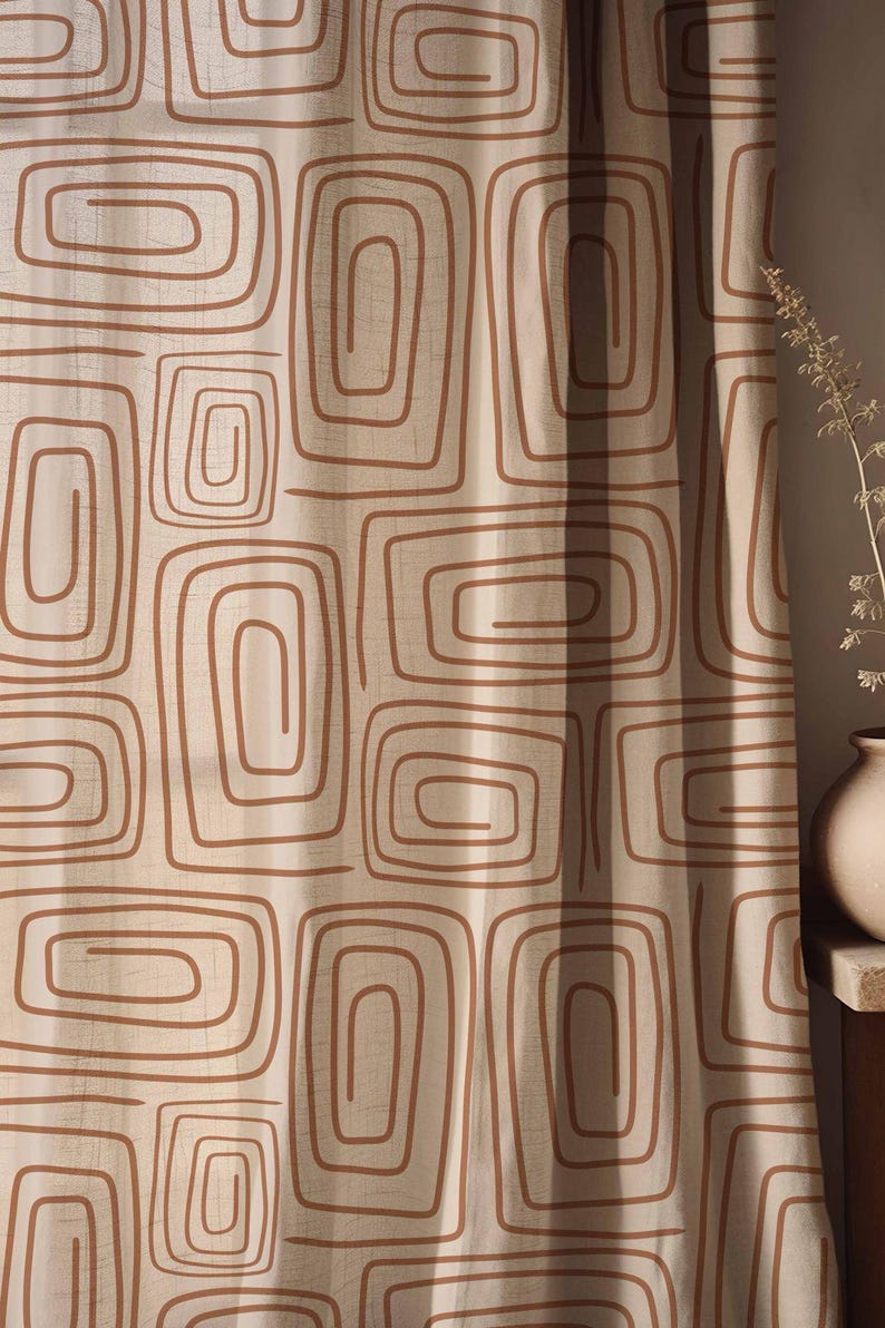 Mid-century Modern Linen Curtains: Geometric Retro Print, Earthy Tones ...