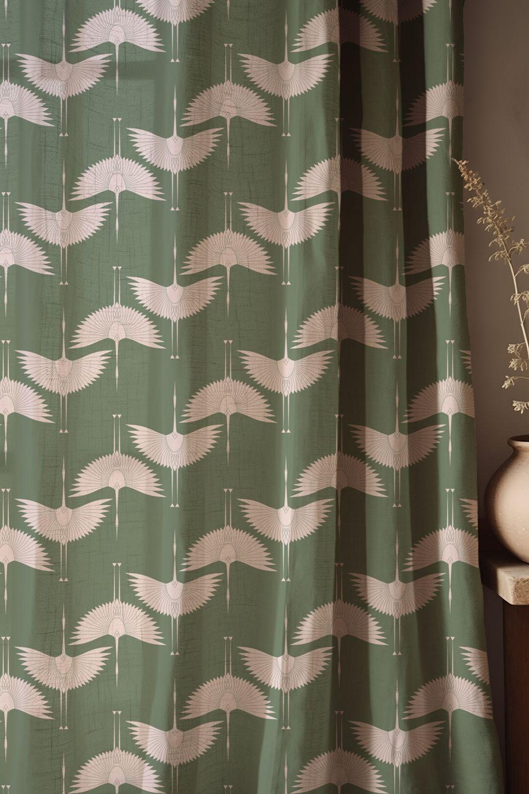 Crane Print Linen Curtain: Sage Green Japandi Drapery - Etsy