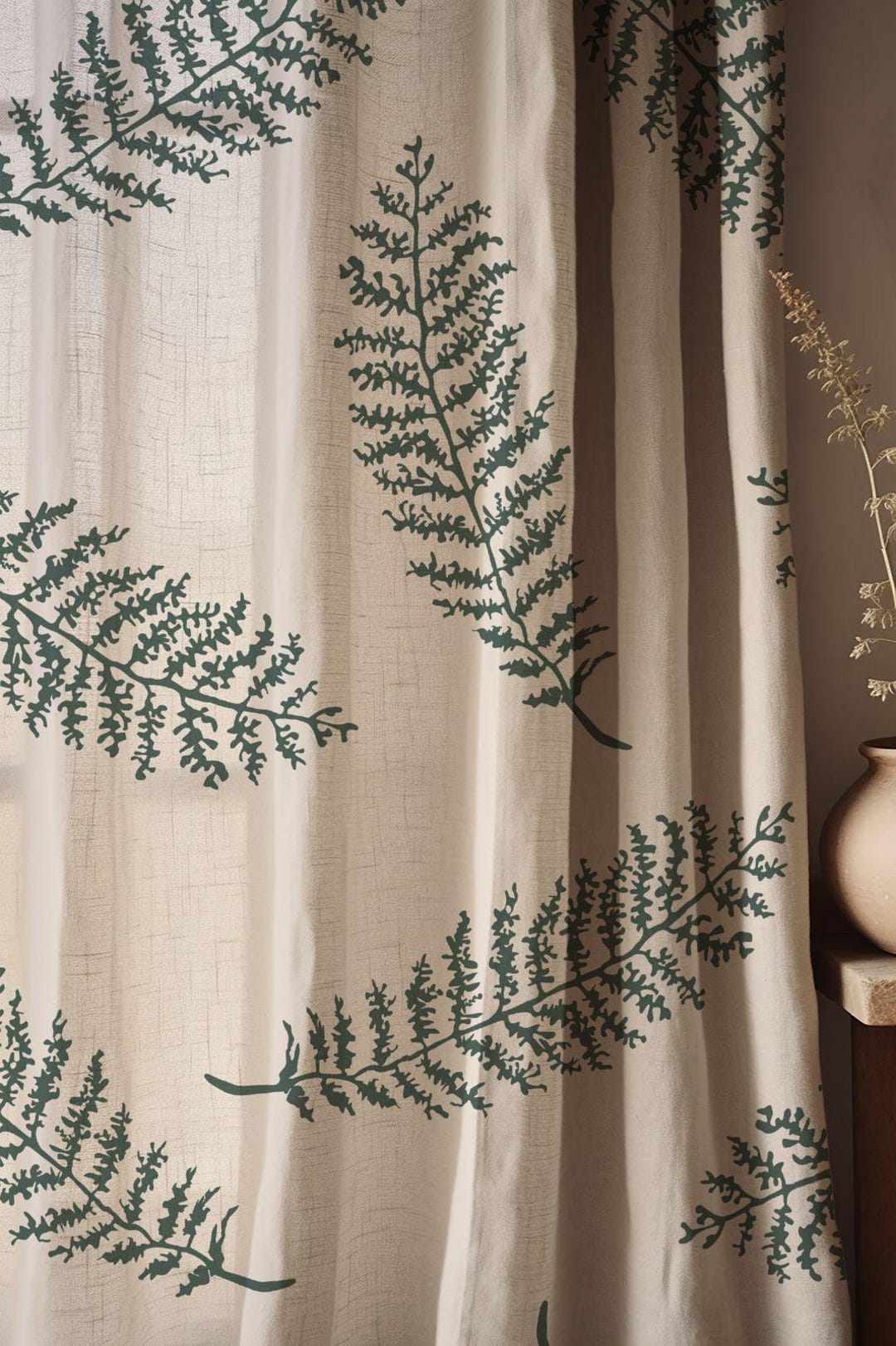 Green Fern Print Linen-cotton Curtain: Nature-inspired Drapes - Etsy