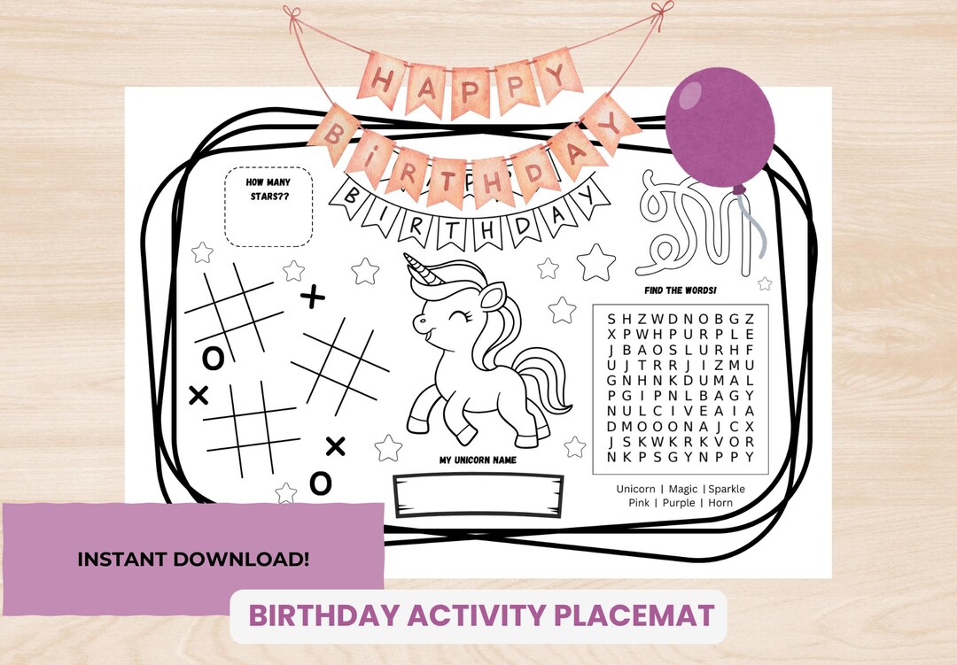 Unicorn Birthday Activity and Coloring Placemat Printable, Kids ...