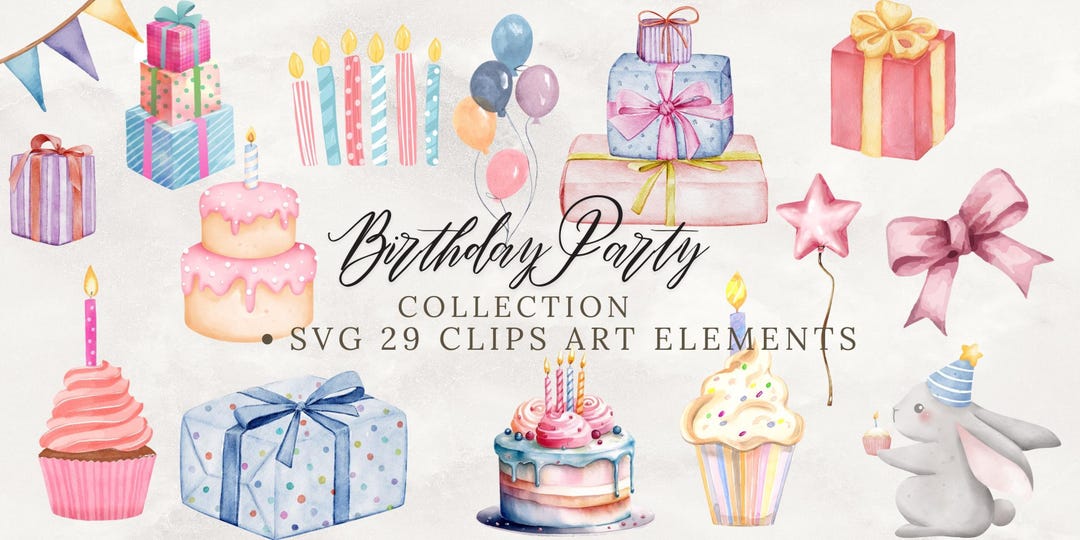 Watercolor Happy Birthday Clipart Set, SVG Birthday Party, Balloons ...