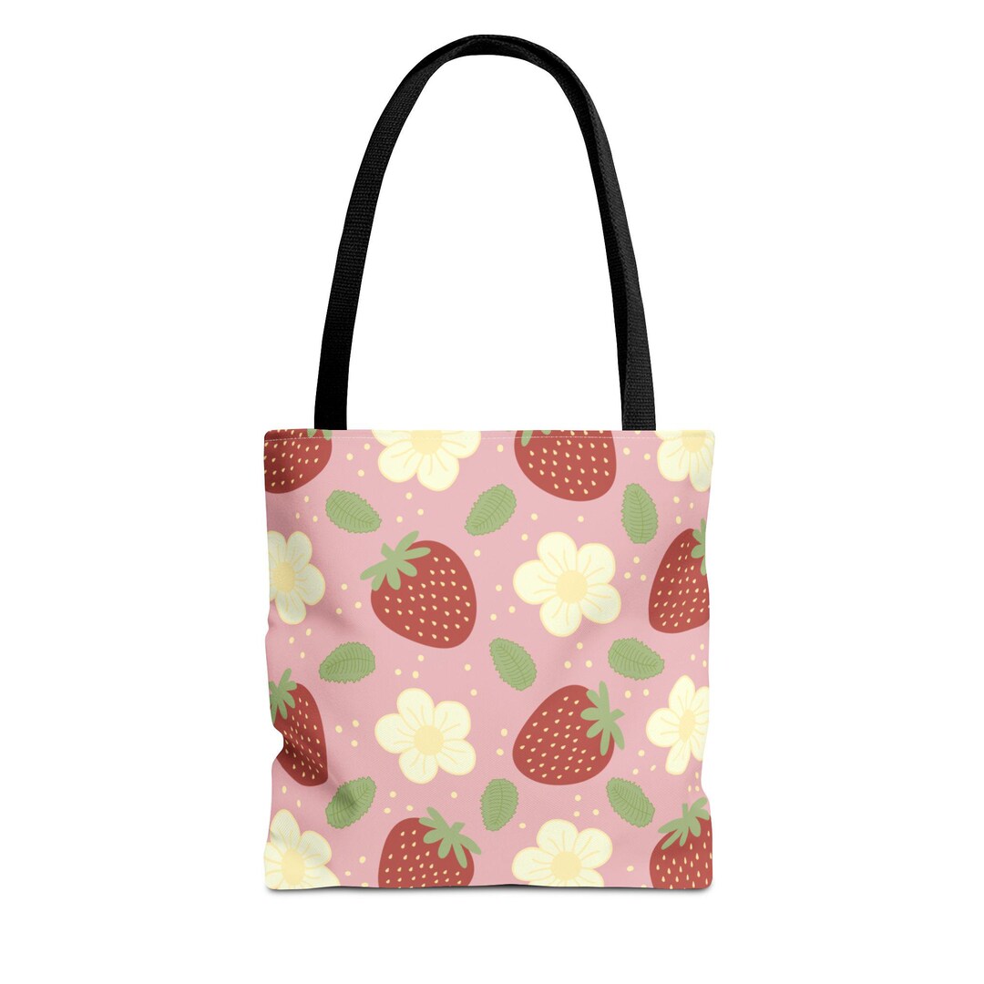 Strawberry Floral Pattern Tote Bag | Pink Allover Print - Etsy