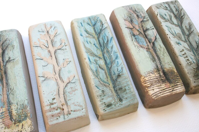 Five hand made decorative tiles with tree motif. Hand painted | Etsy
