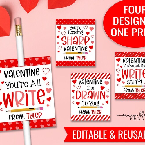 Editable Pencil Valentine Tag Note Pen Valentines Writing - Etsy