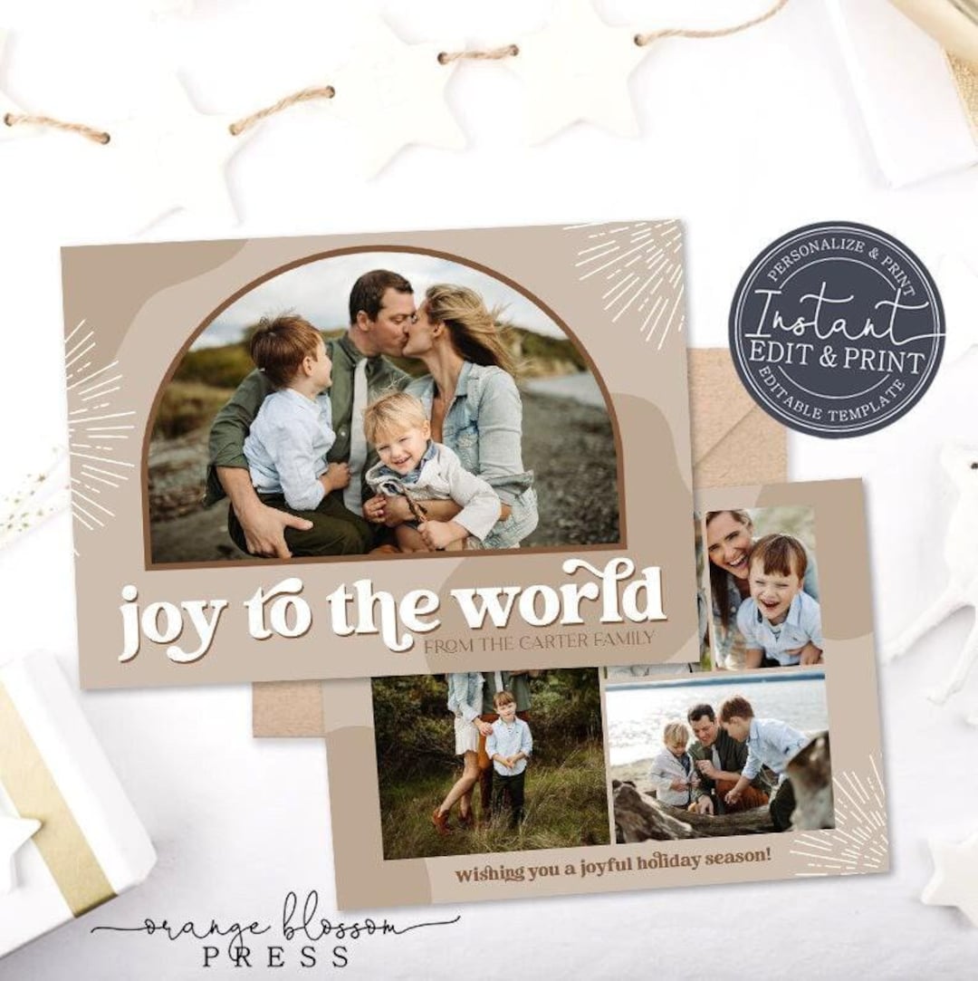 Boho Christmas Card Template, Retro Photo Holiday Card, Joy, Arch Shape ...