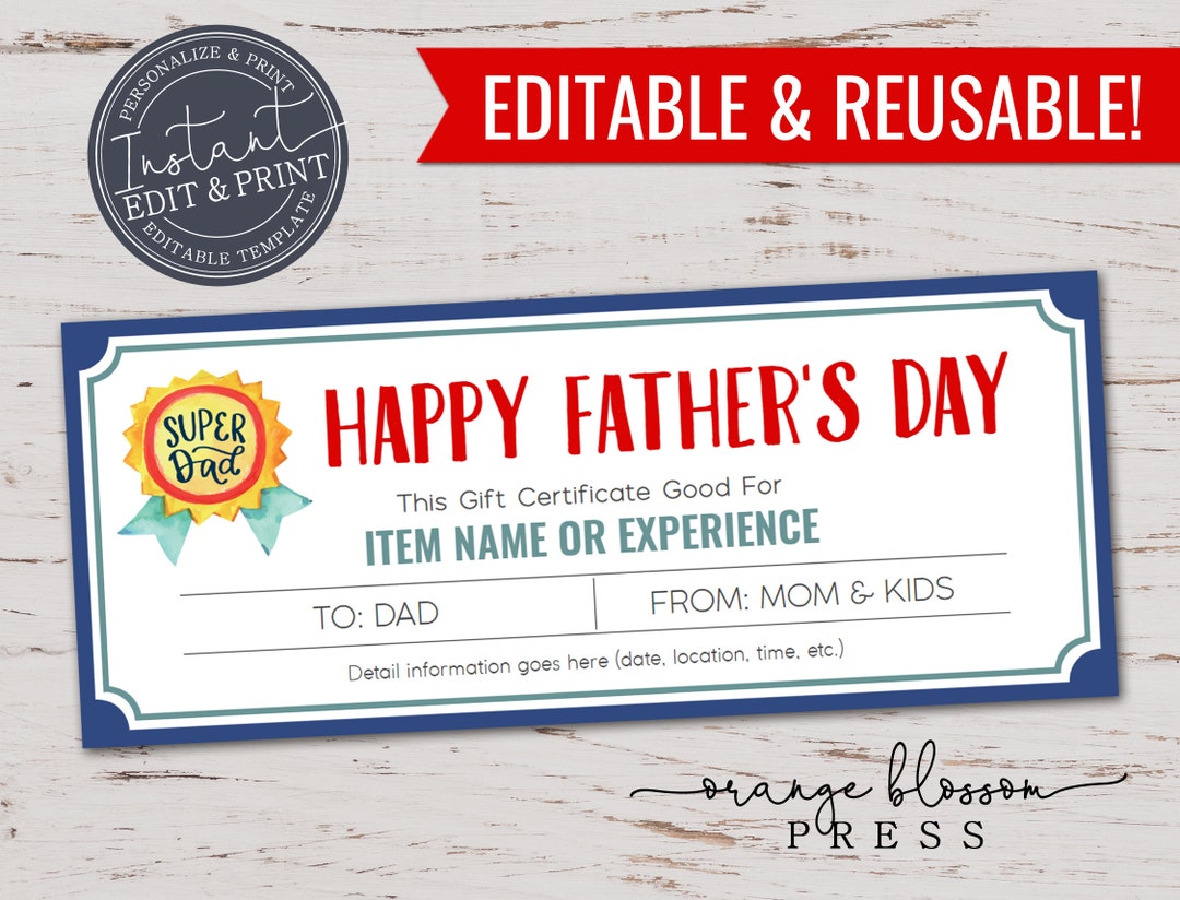 Father's Day Gift Certificate Template, Event Experience Coupon, Dad ...