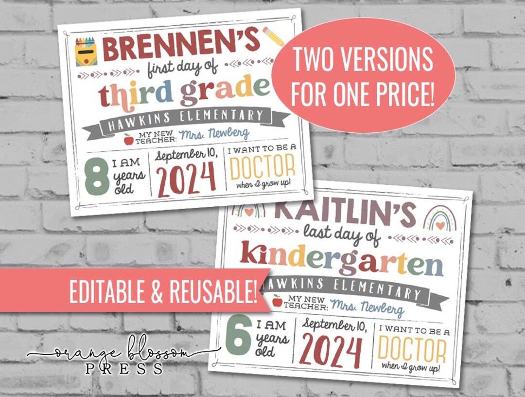 Back to School Sign, Boho White Background, First & Last Day, Editable ...