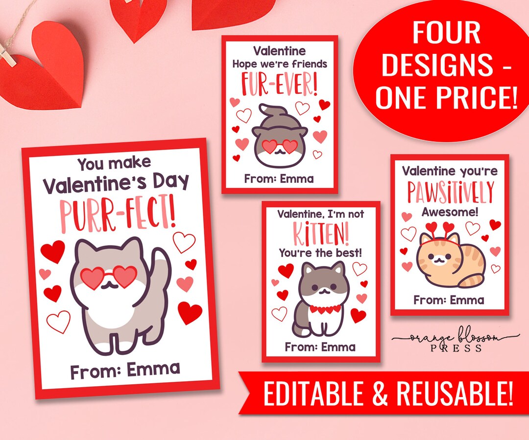 Cute Kitten Valentine Cards, Editable Cat Valentines, Personalized ...